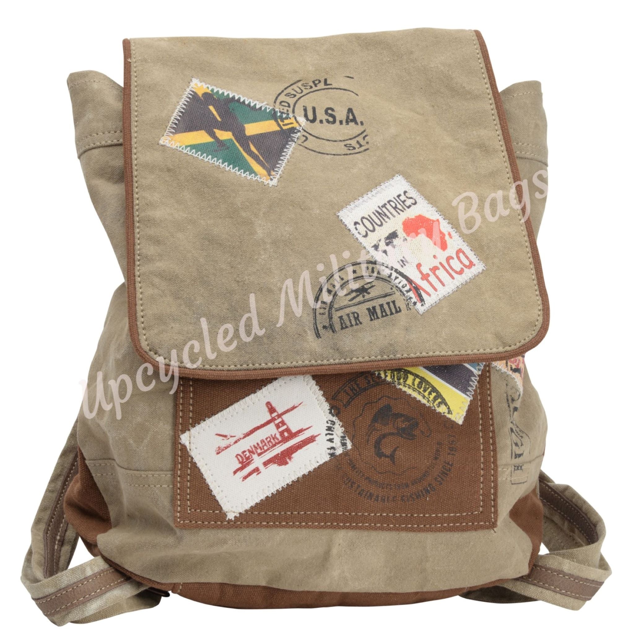 Travel Stamp Backpack Crafted of Repurposed Military Canvas – Recycled ...