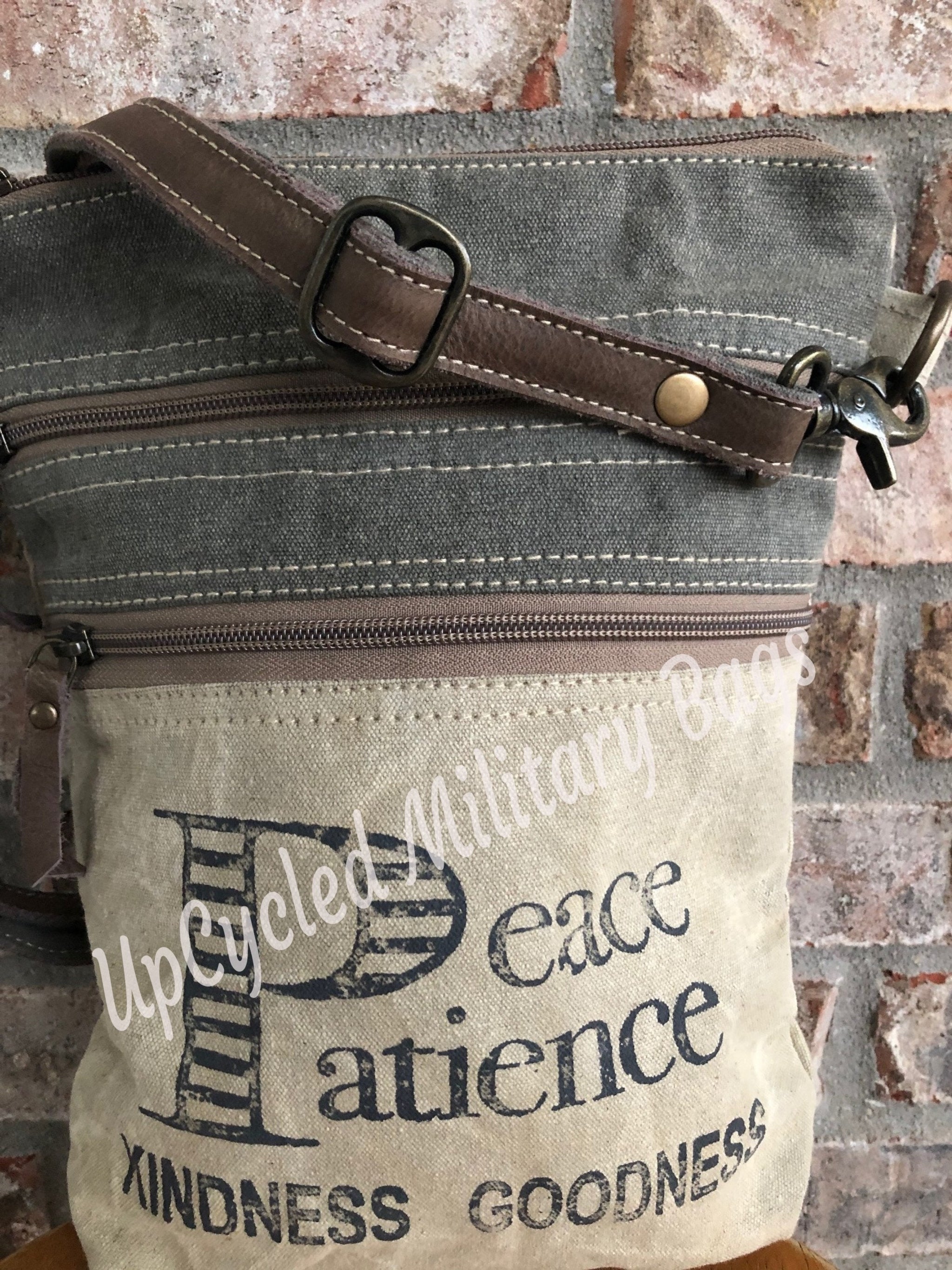 Peace & Patience Sustainable Canvas Bag Crossbody Purse ~ 2 Zip Front ...